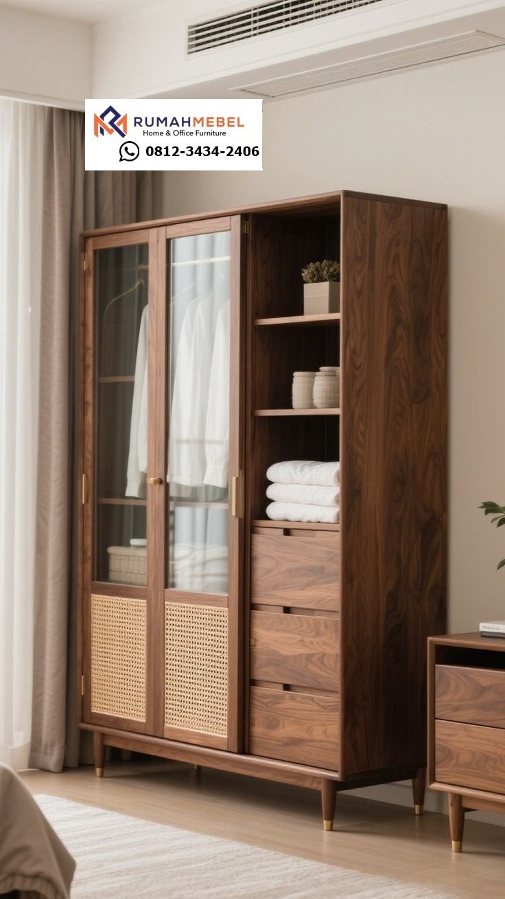 Lemari Pakaian Kayu Jati Minimalis Pintu Kaca & Rotan | Jual Wardrobe ...